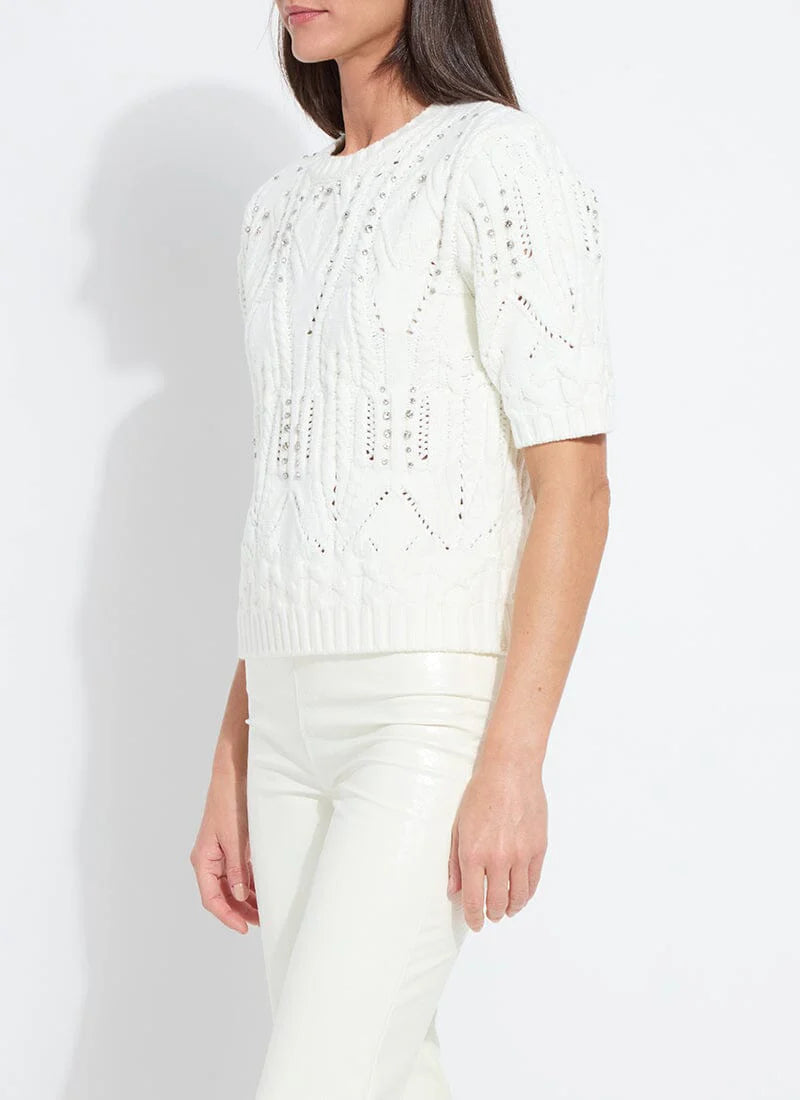 Hadley Cozy Short Sleeve Embellished Cable Sweater in Snow White - Lys ...