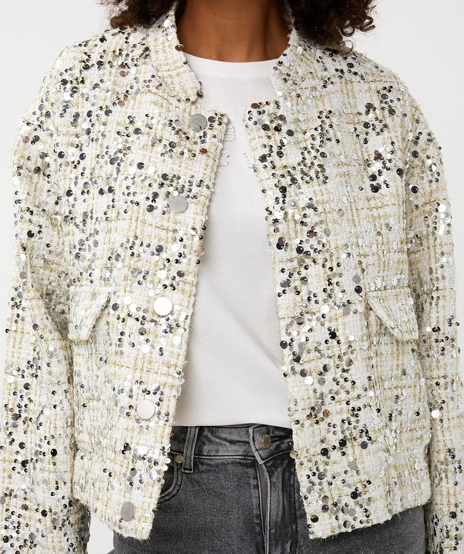 Sonja Sequin Bomber Jacket in Off-White and Silver - EsQualo W2519702 ...