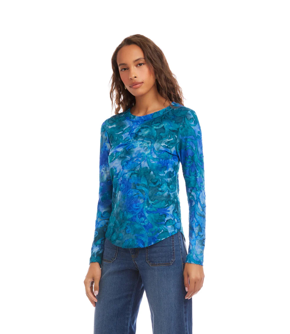 Leni Long Sleeve Tie Dye Burnout Top in Blue Multi- Karen Kane 4L42300 ...