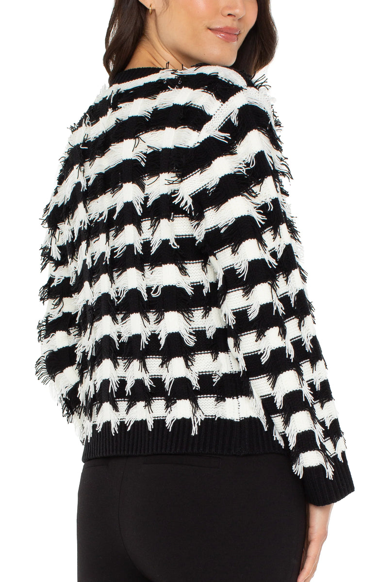 Lyris Long Sleeve Cardigan Sweater in Black White Fringe Stripe - Live ...