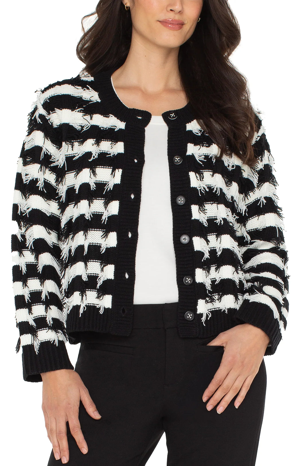 Lyris Long Sleeve Cardigan Sweater in Black White Fringe Stripe - Live ...