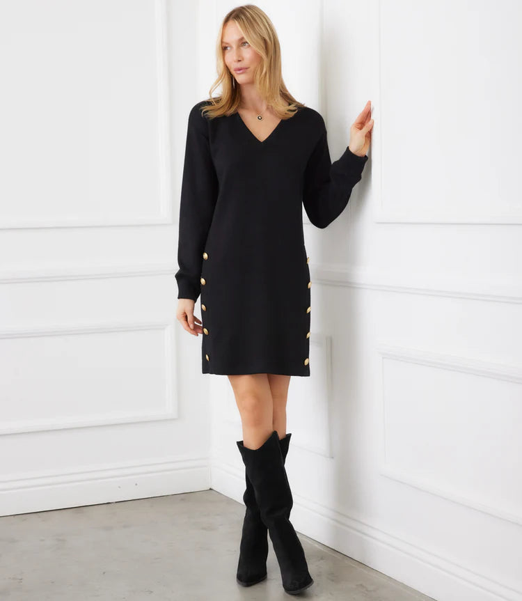 Lavelle Long Sleeve V-Neck Button Detail Dress in Black - Karen Kane 3 ...