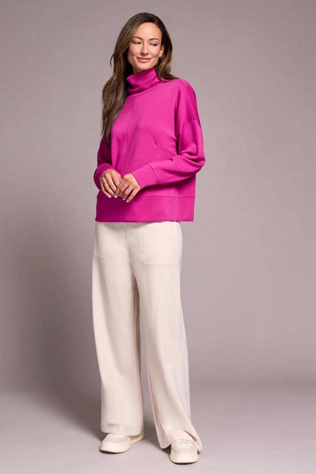 Tierney Techno Lux Drop Shoulder Funnel Neck Knit Top in Pink Flambe ...