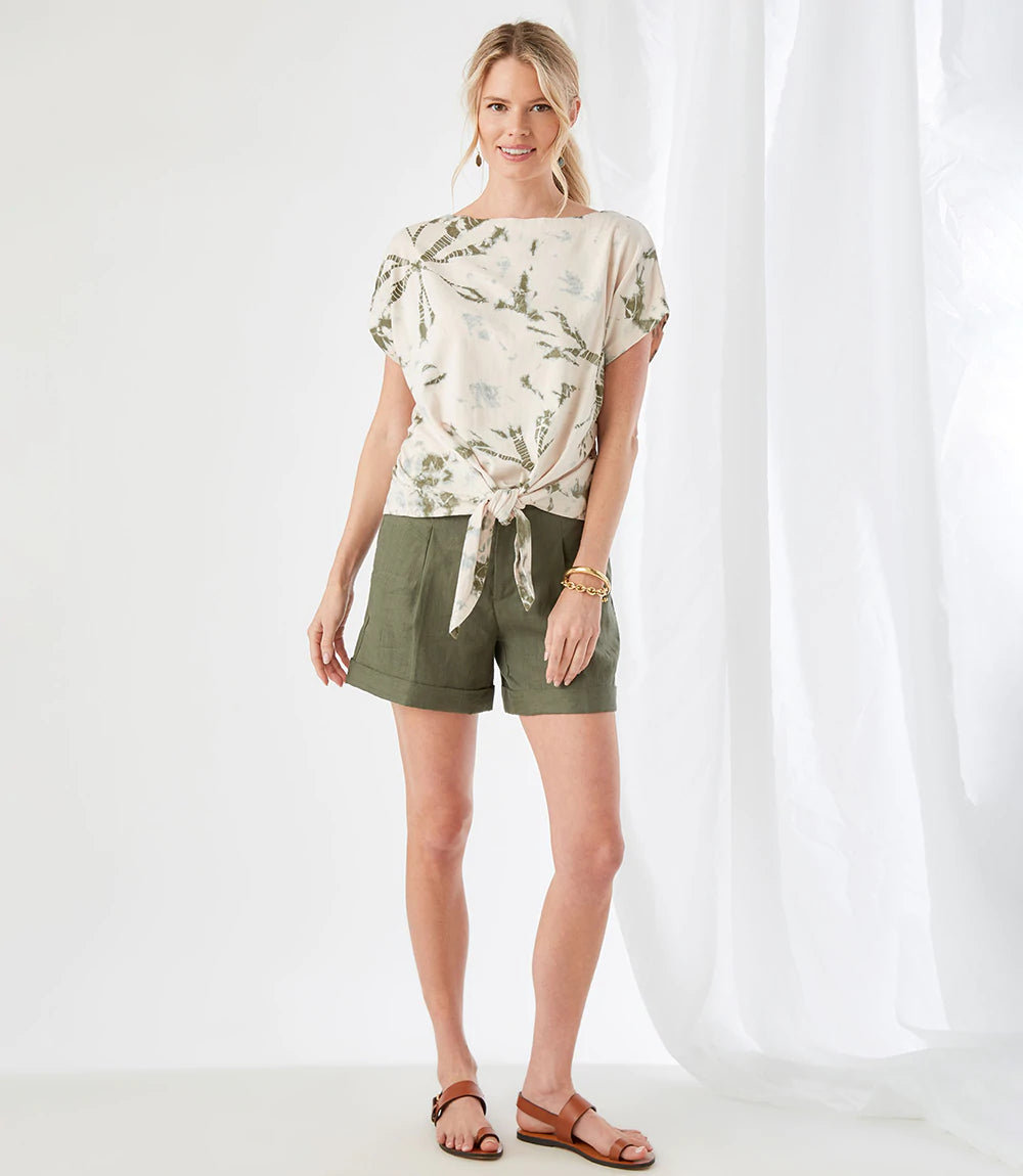FINAL SALE PENNY PALE PINK AND LIGHT OLIVE TIE DYE FRONT-TIE SHORT SLE ...